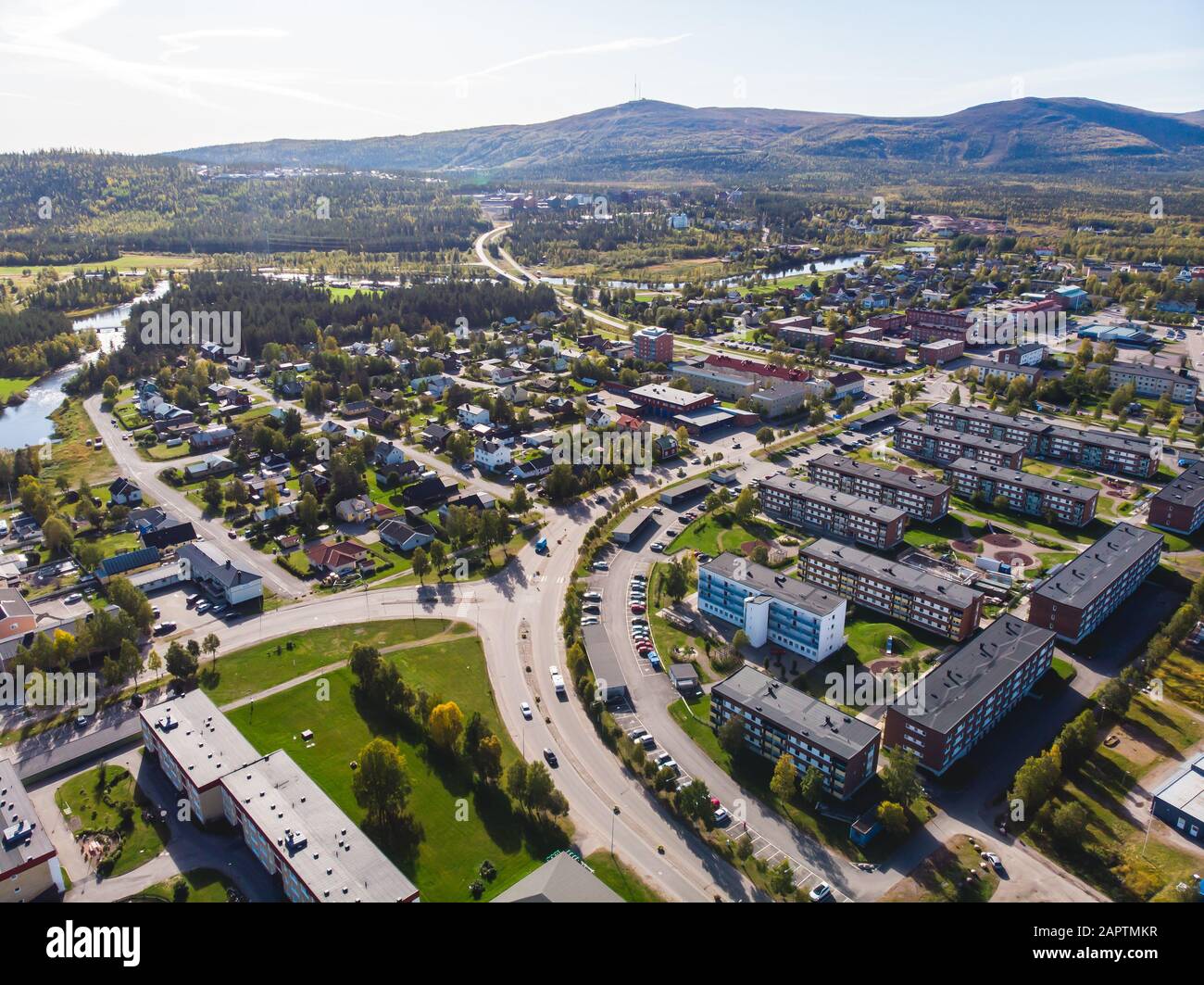 Aerial summer sunny view of Gallivare town, a locality and the seat of ...