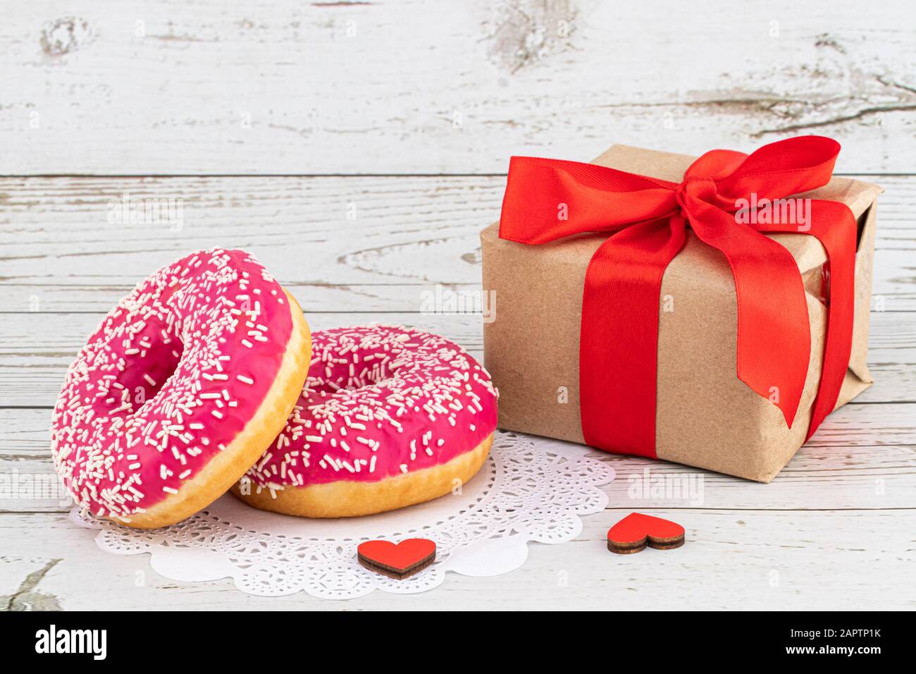 Valentine's day romantic breakfast. Gift, hearts and donuts. Valentines ...