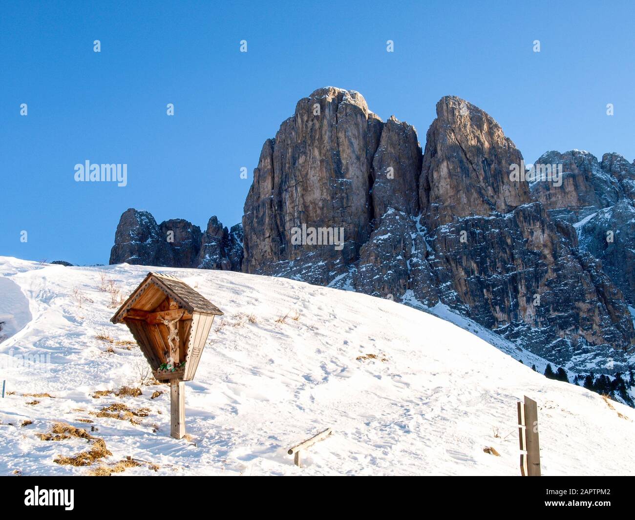 Selva di Valgardena, Italy: Dolomite panorama with typical wooden ...