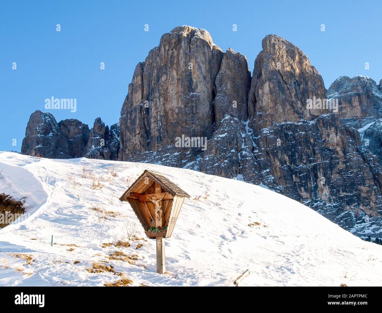 Selva di Valgardena, Italy: Dolomite panorama with typical wooden ...