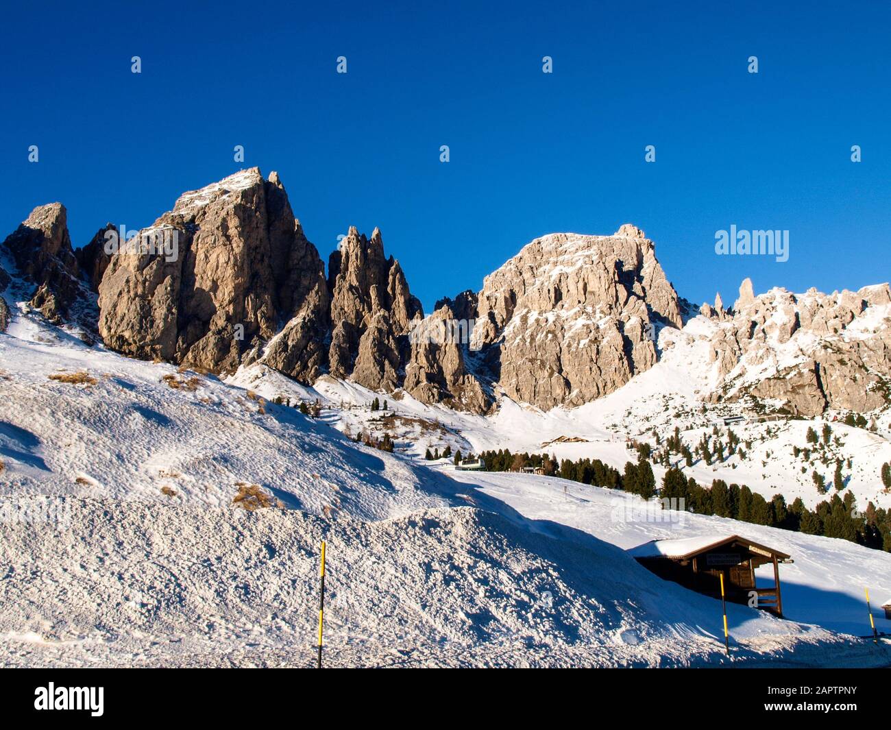 Selva di Valgardena, Italy: panorama of the snowy Dolomites Stock Photo ...