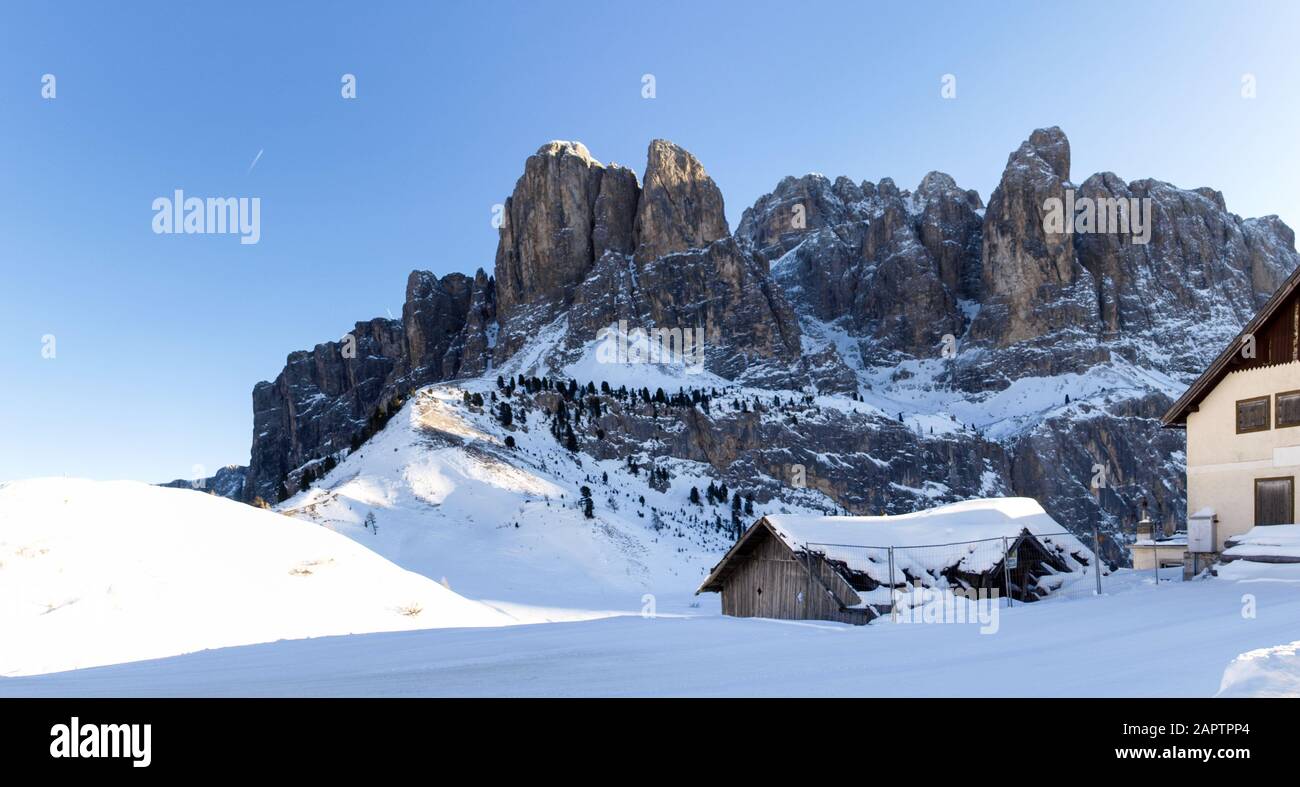 Selva di Valgardena, Italy: panorama of the snowy Dolomites Stock Photo ...