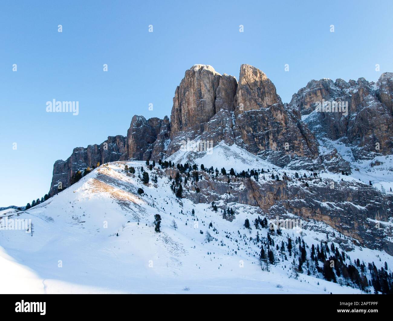 Selva di Valgardena, Italy: panorama of the snowy Dolomites Stock Photo ...