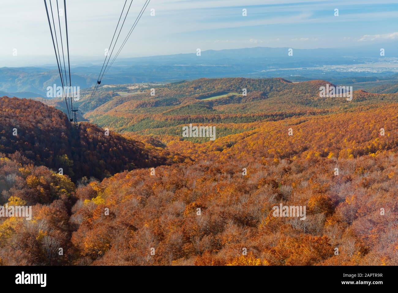 Aerial fall color of the Hakkoda Mountains with Hakkoda Ropeway at ...