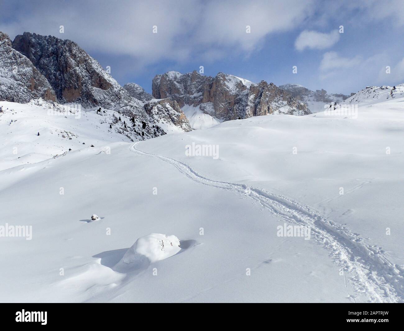 Selva di Valgardena, Italy: panorama of the snowy Dolomites Stock Photo ...