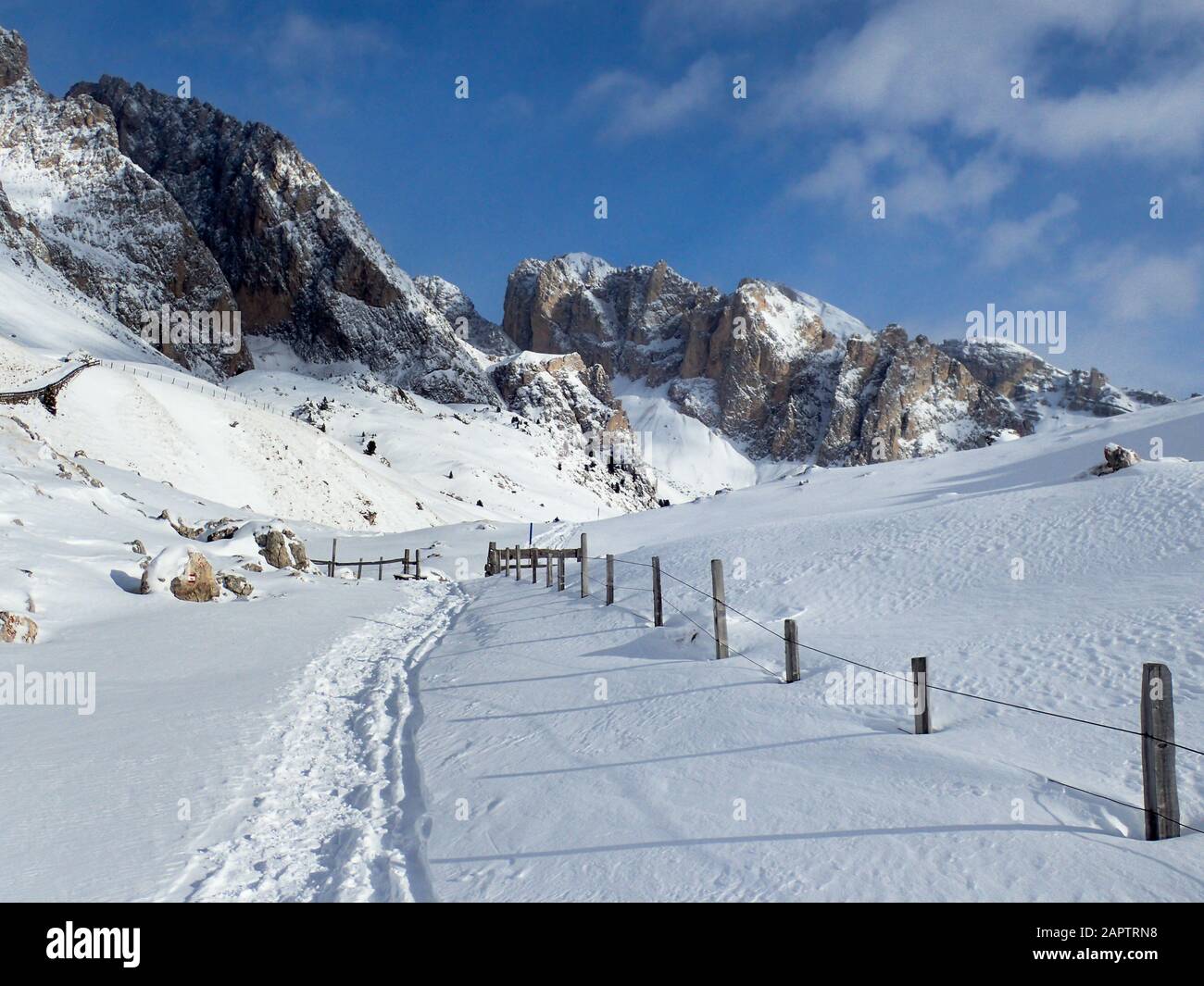 Selva di Valgardena, Italy: panorama of the snowy Dolomites Stock Photo ...