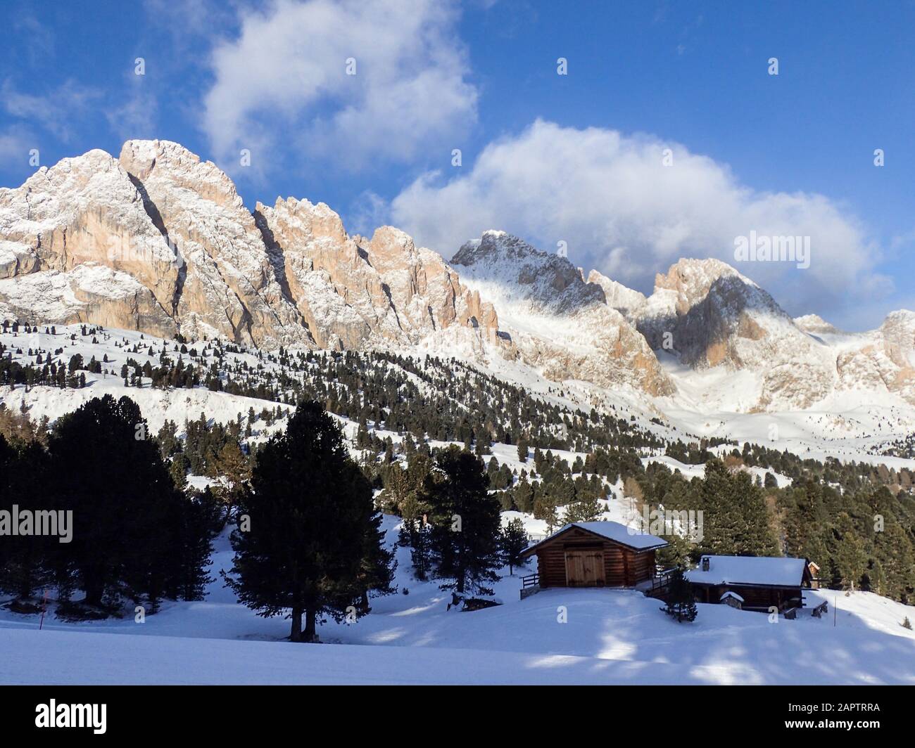 Selva di Valgardena, Italy: panorama of the snowy Dolomites Stock Photo ...