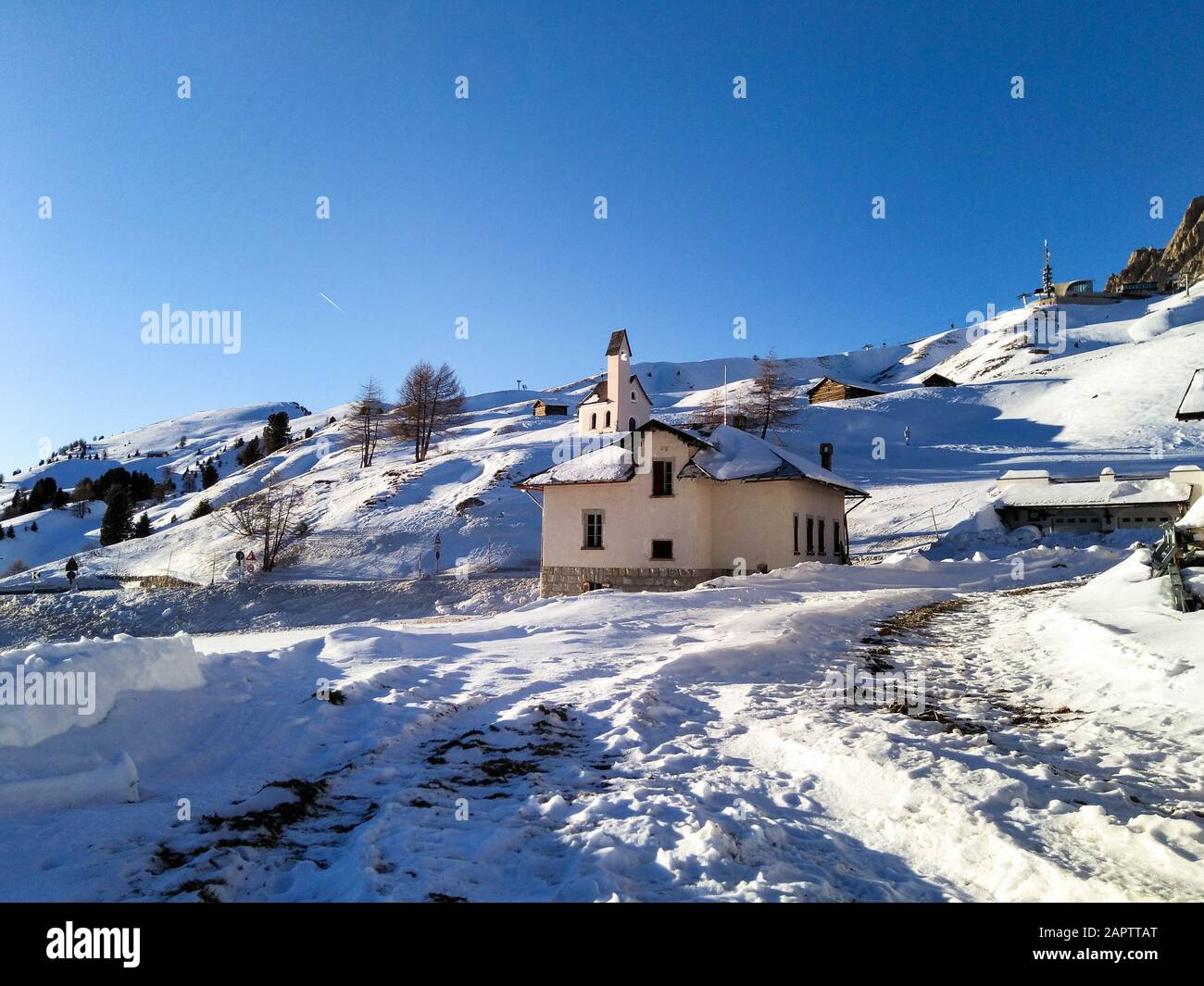Selva di Valgardena, Italy: panorama of the snowy Dolomites Stock Photo ...