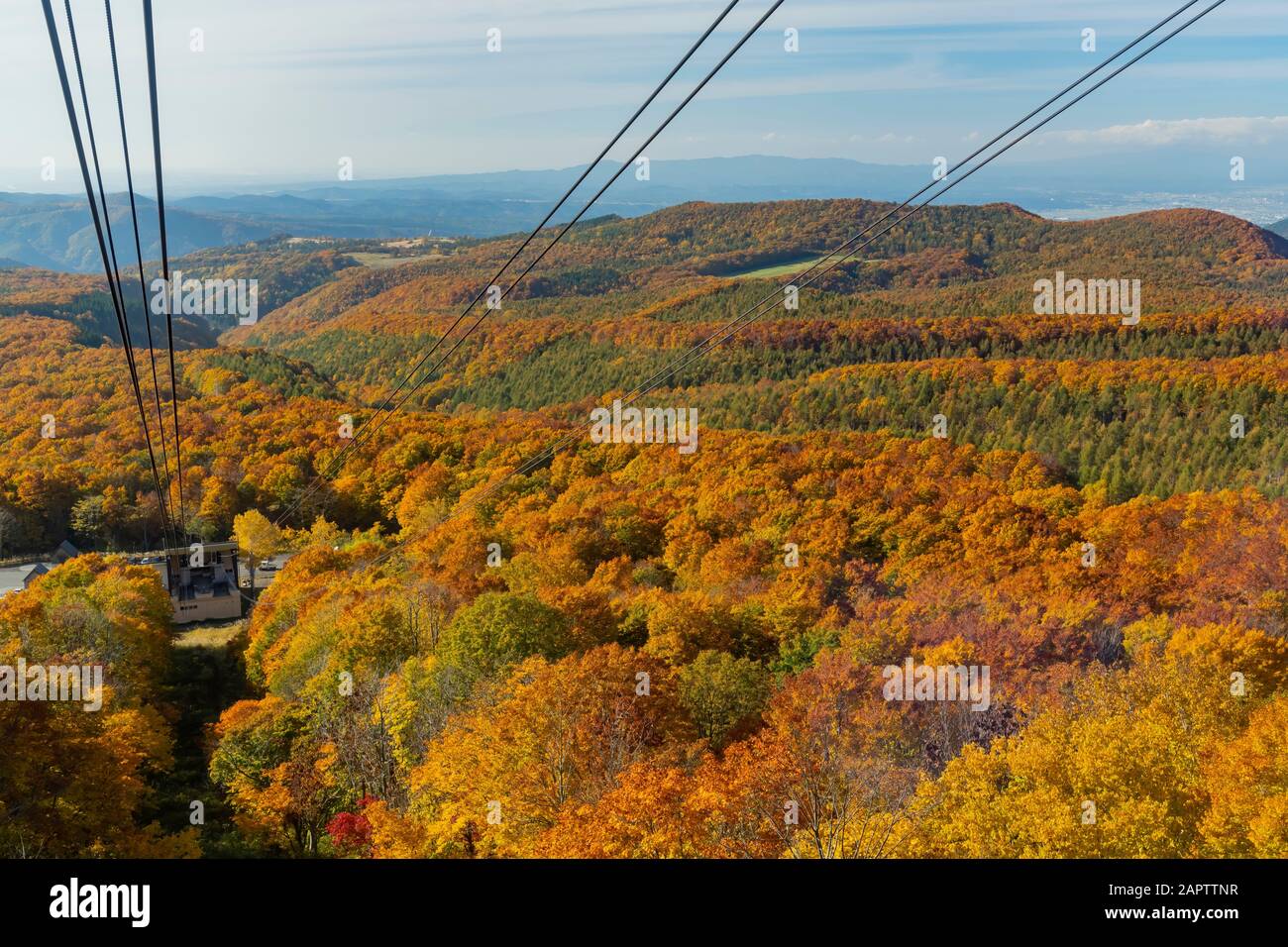Aerial fall color of the Hakkoda Mountains with Hakkoda Ropeway at ...