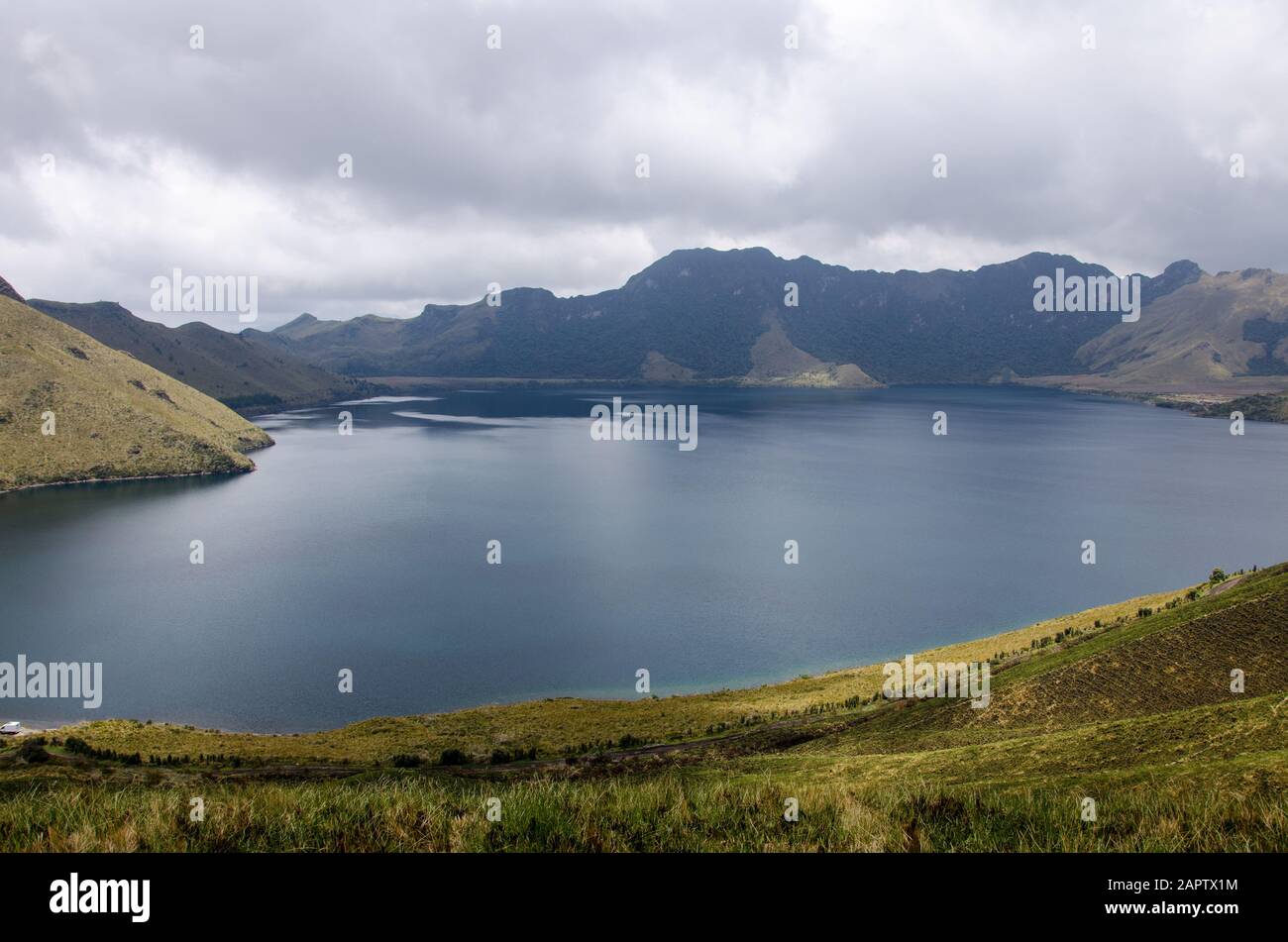 Andean mountain lake near Otavalo, Ecuador. The lake is the crater of a ...