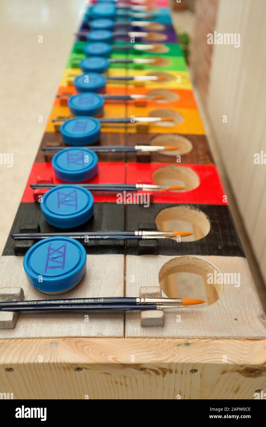 Creative education table made by hand. Vertical shot with natural light ...