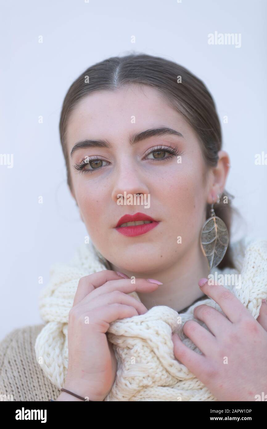Close-up of 18-year-old Spanish girl. Vertical shot with natural light ...