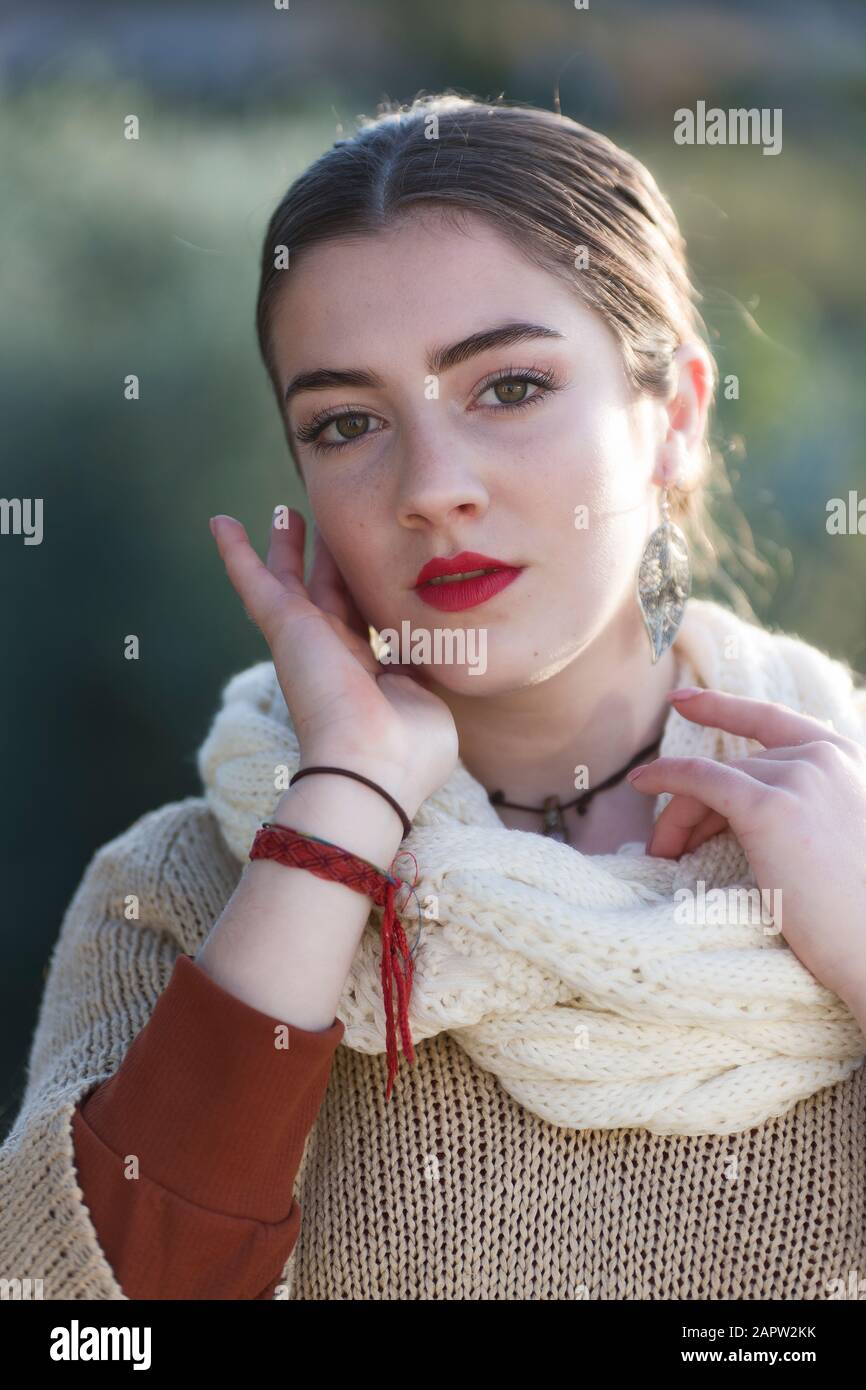 Close-up of 18-year-old Spanish girl. Vertical shot with natural light ...