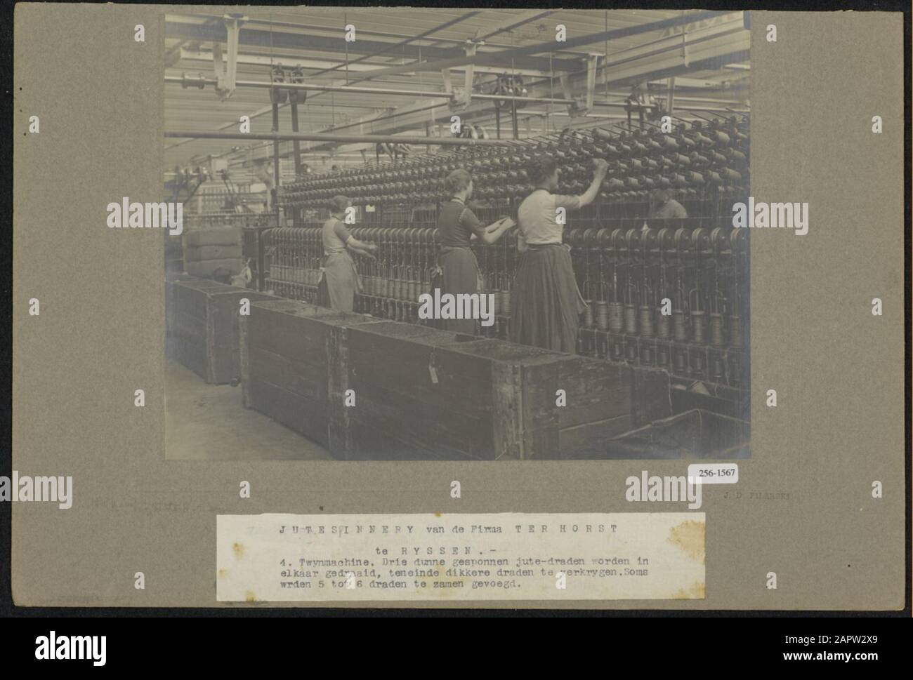 Women are at the twine machine where three thin jute wires are twisted ...