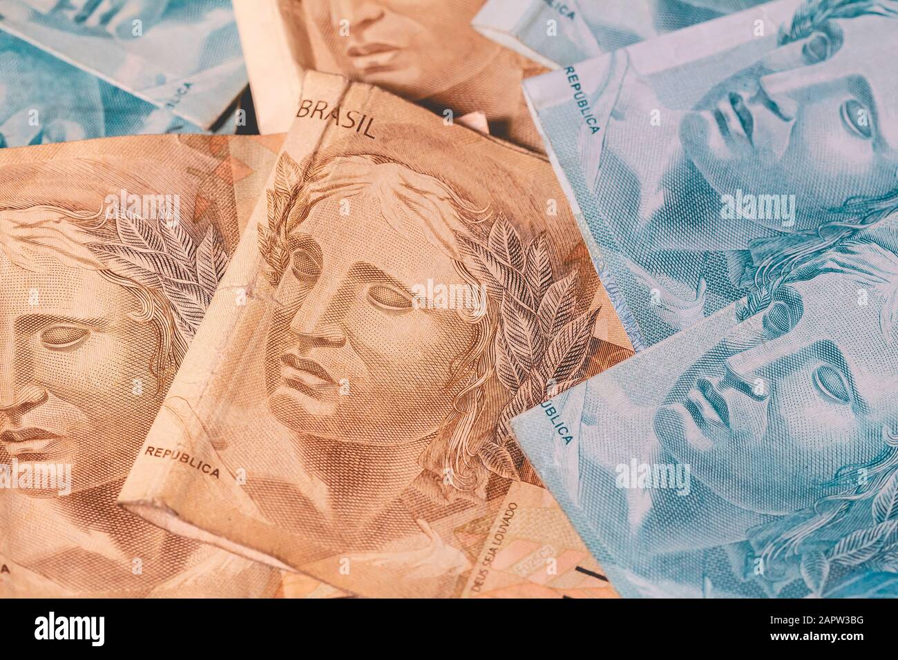 Real currency, money from brazil. Brazilian banknotes in close up ...