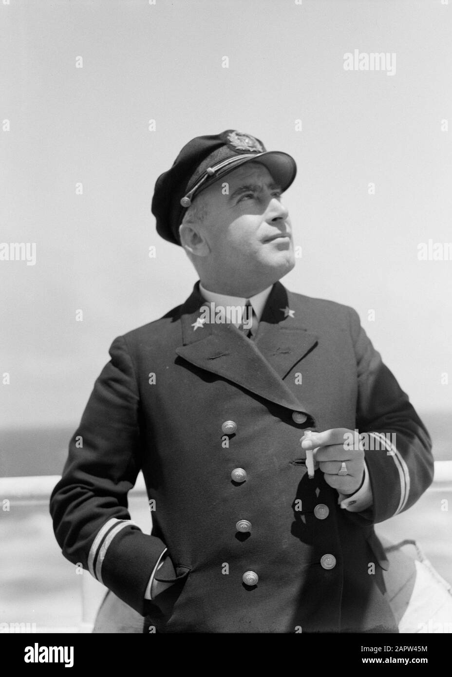 MS Colombia Captain of the Bergh of the MS Colombia looks up. Date ...