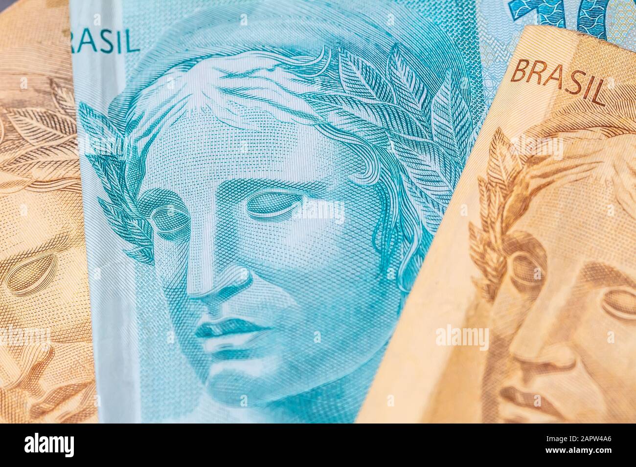 Real currency, money from brazil. Brazilian banknotes in close up ...