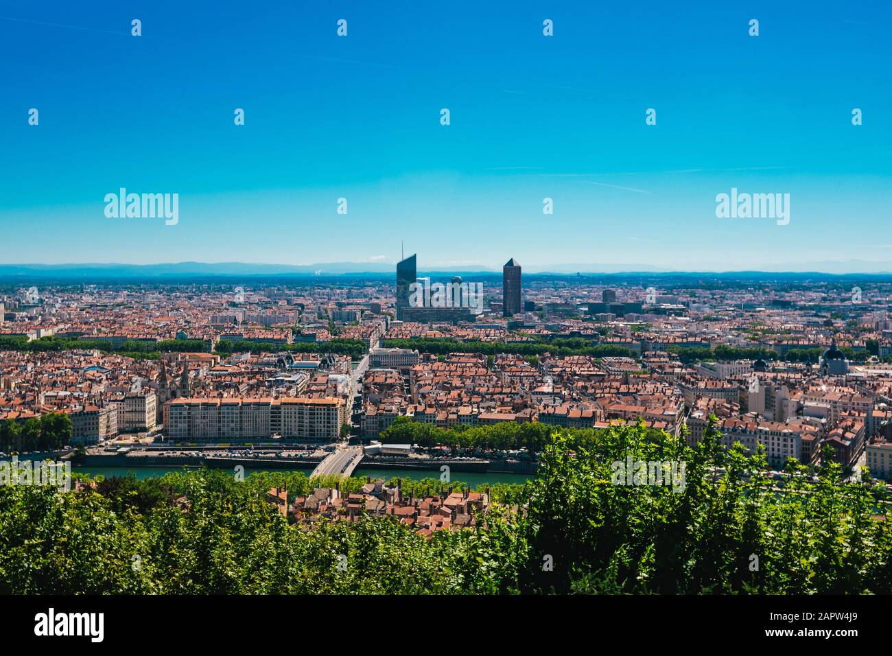 Lyon panorama elevated view on sunny day. Aerial panoramic view of Lyon ...