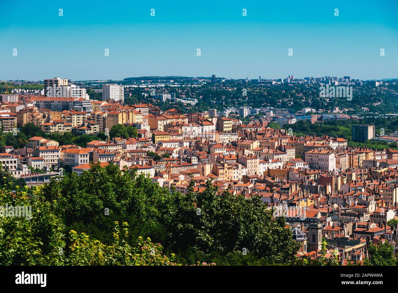 Lyon panorama elevated view on sunny day. Aerial panoramic view of Lyon ...