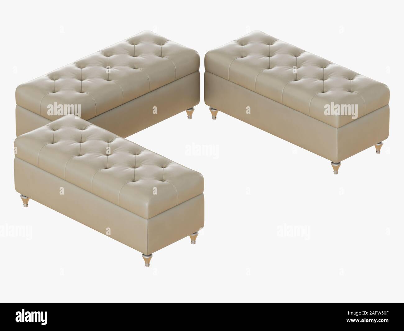 Three beige leather bench capitone white isolated background 3d ...