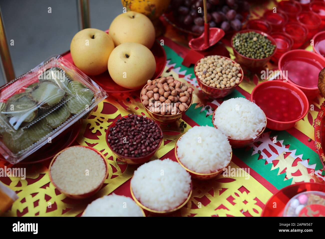 Rice, beans and fruits displayed during the celebration in Chinatown ...