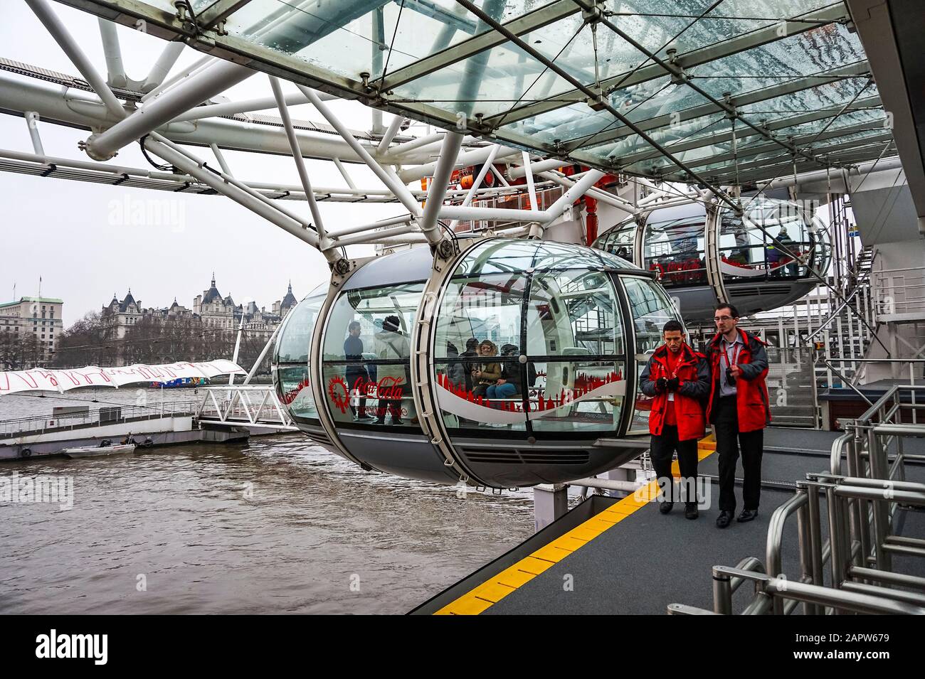Close up view of the famous London eye wheel and the capsule in a heavy ...