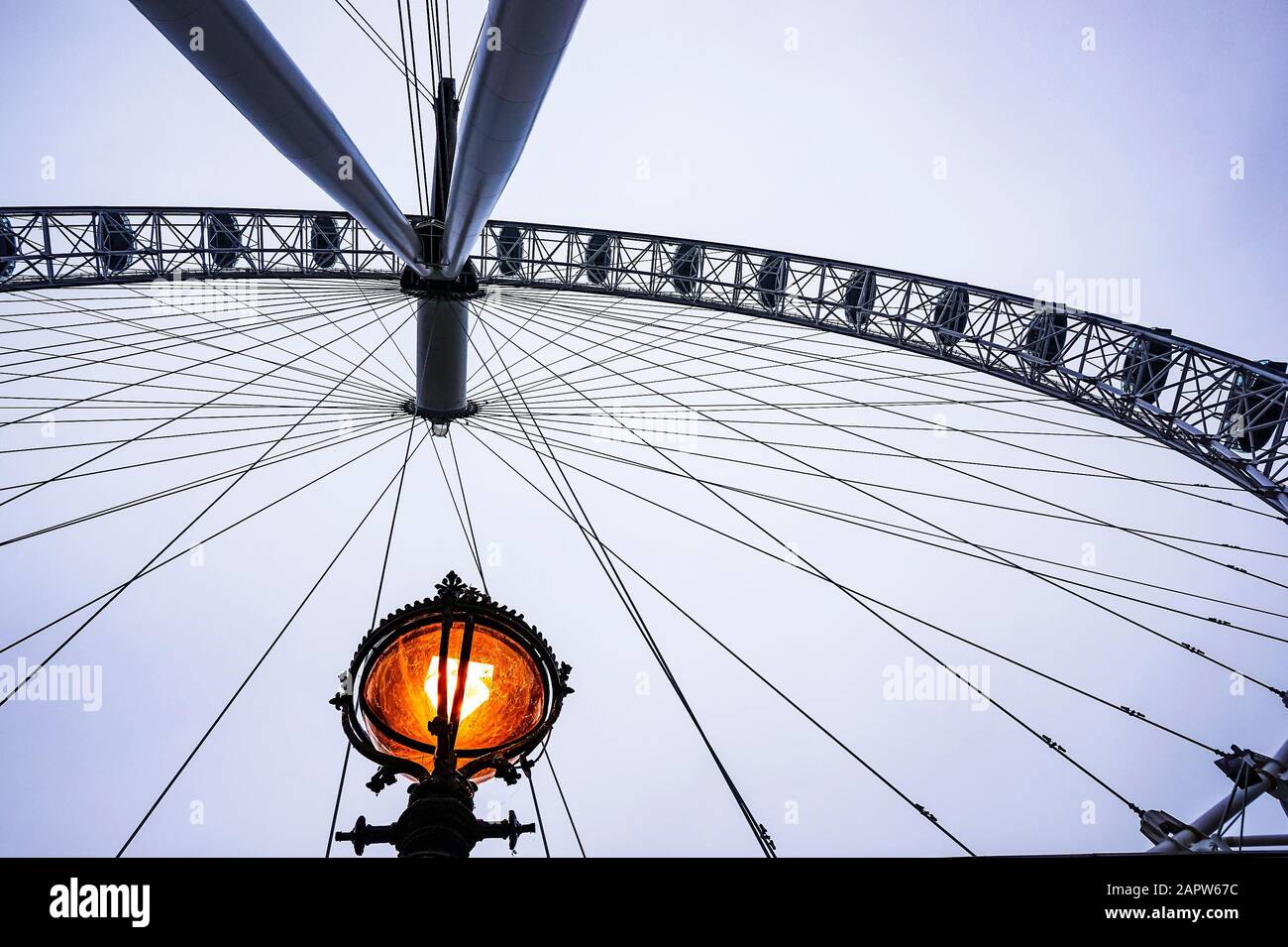 Close up view of the famous London eye wheel and the capsule in a heavy ...