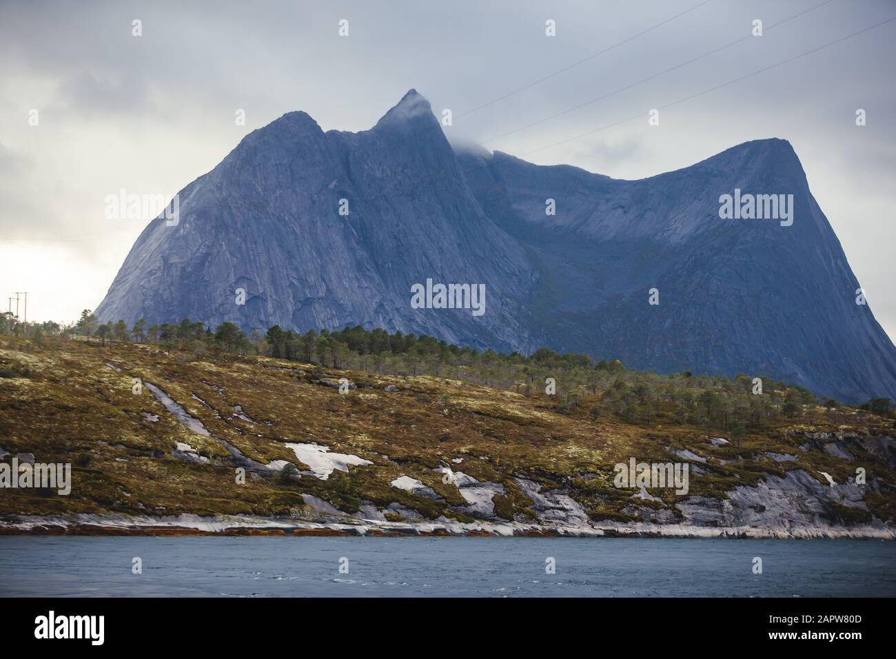 Classic Norwegian cold panoramic landscape of Efjorden fjord, Ballangen ...