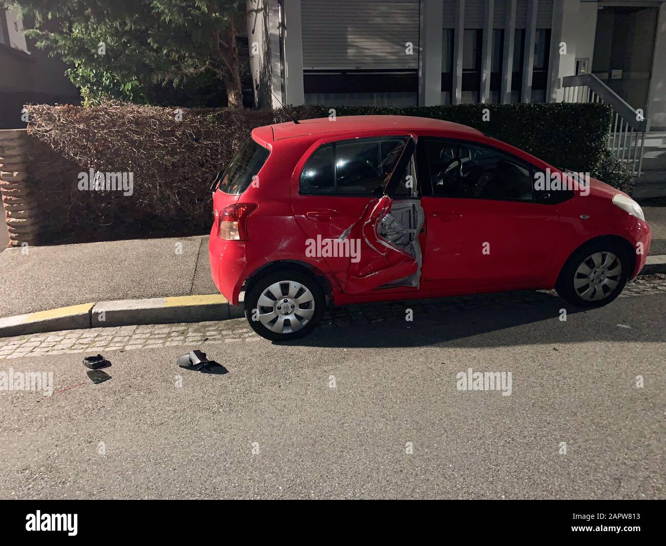 Paris, France - Dec 27, 2019: Night scene Side view of new luxury red ...