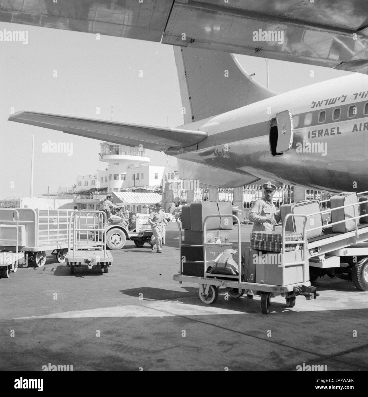 Israel: Lydda Airport (Lod) Loading and unloading work at an El Al ...