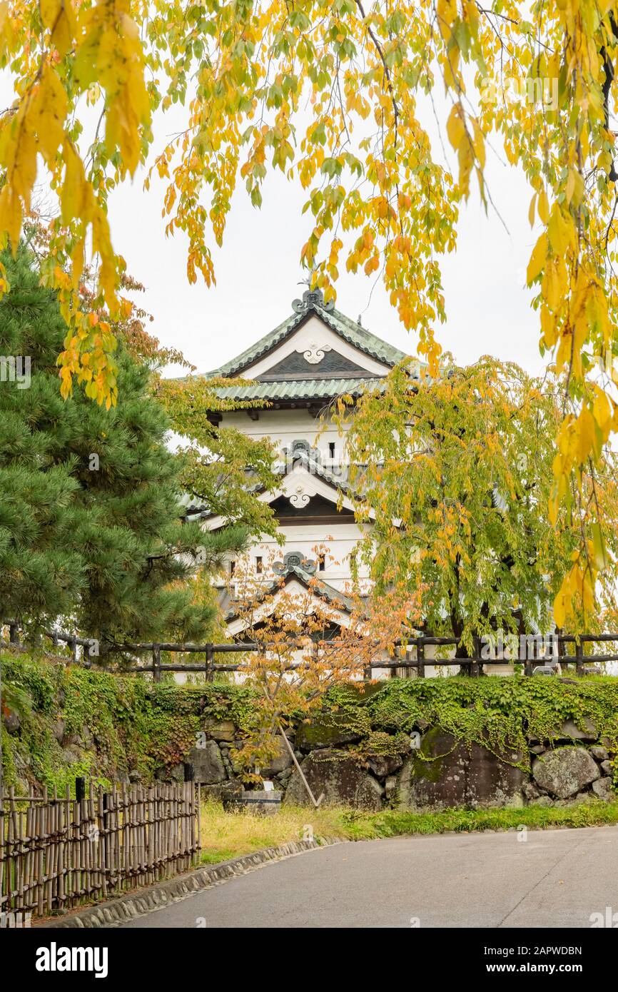 Exterior view of the Hirosaki Castle with beautiful fall color at ...