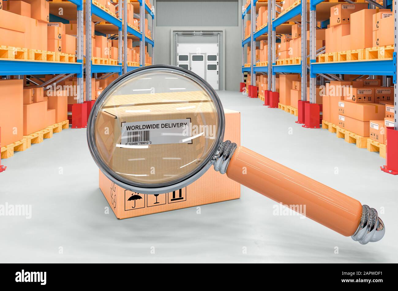 Parcel tracking concept. Parcel with magnifying glass in warehouse. 3D ...
