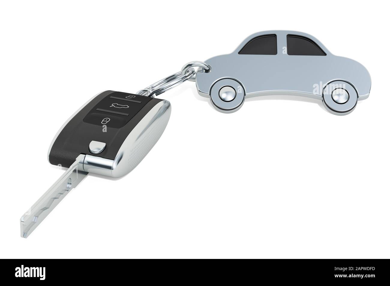 Car key with car shape metal keychain. 3D rendering isolated on white ...