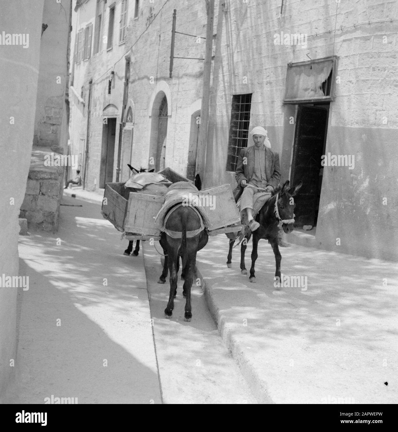 Israel: Nazareth Man on donkey passes two buckets loaded donkeys Date ...