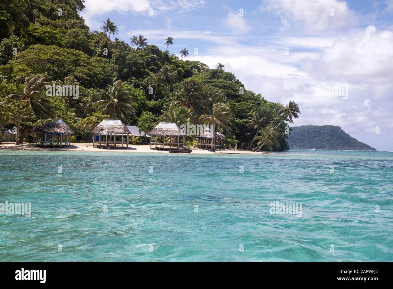 Beach bungalows and leaning palm trees on tropical island, Samoa Stock ...