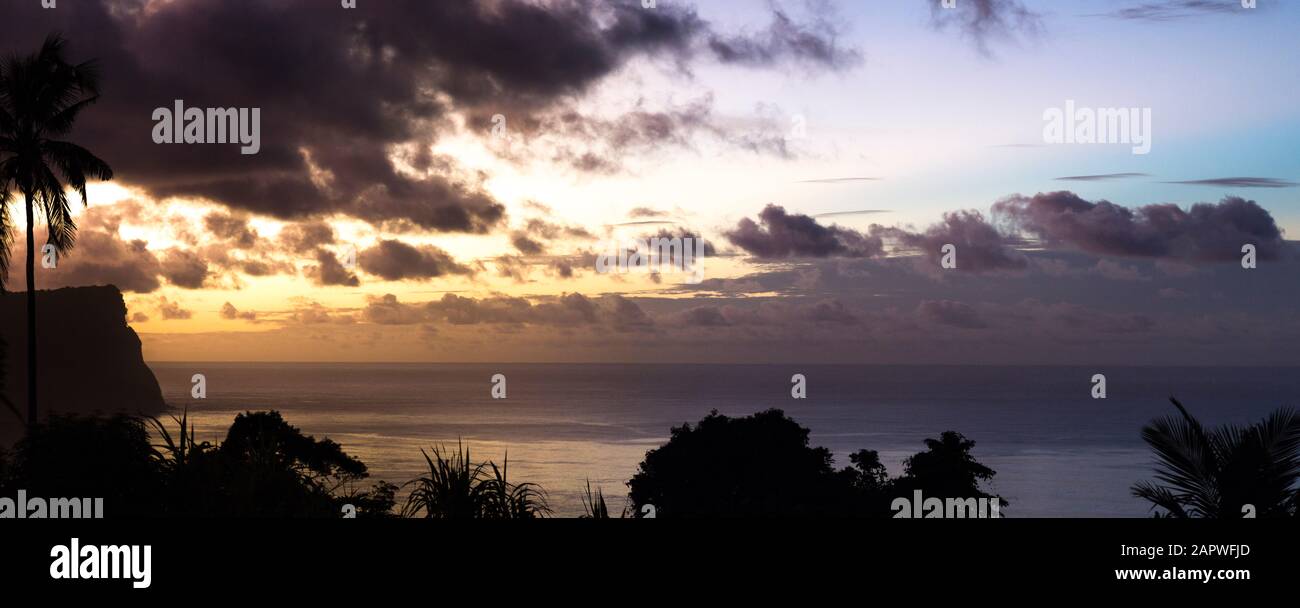 High angle panoramic view of the ocean during sunrise, Samoa Stock ...