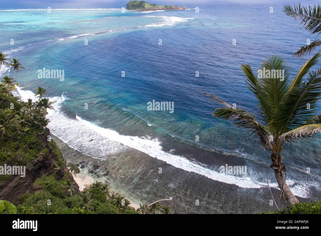 High angle view of fringing reef and shoreline with palm trees Stock ...