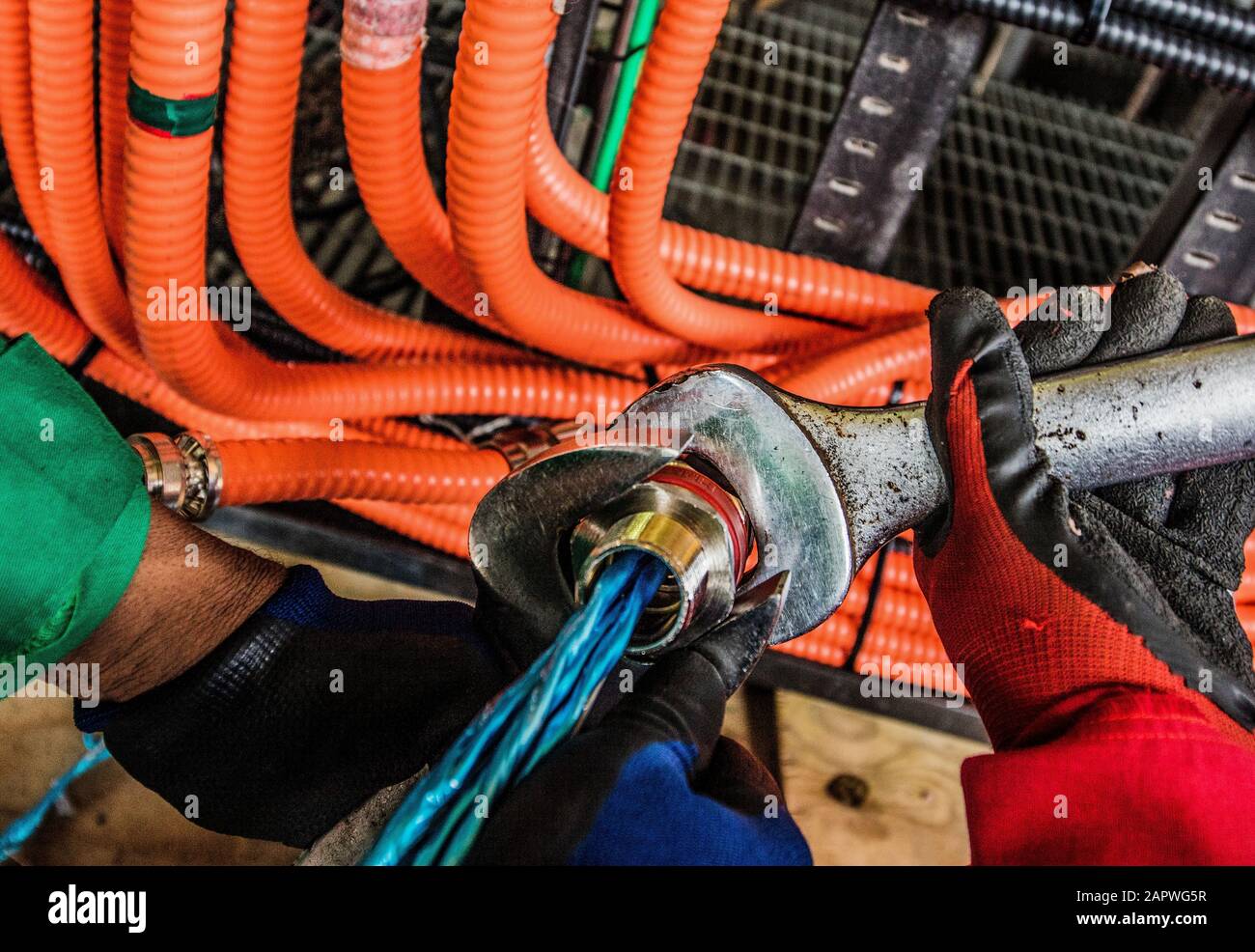 Electrical work onboard production platform construction Stock Photo ...