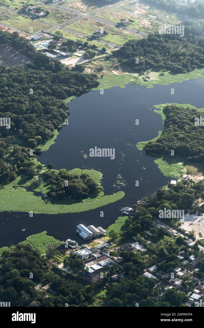 Beautiful aerial view to flooded rainforest and river in the Amazon ...