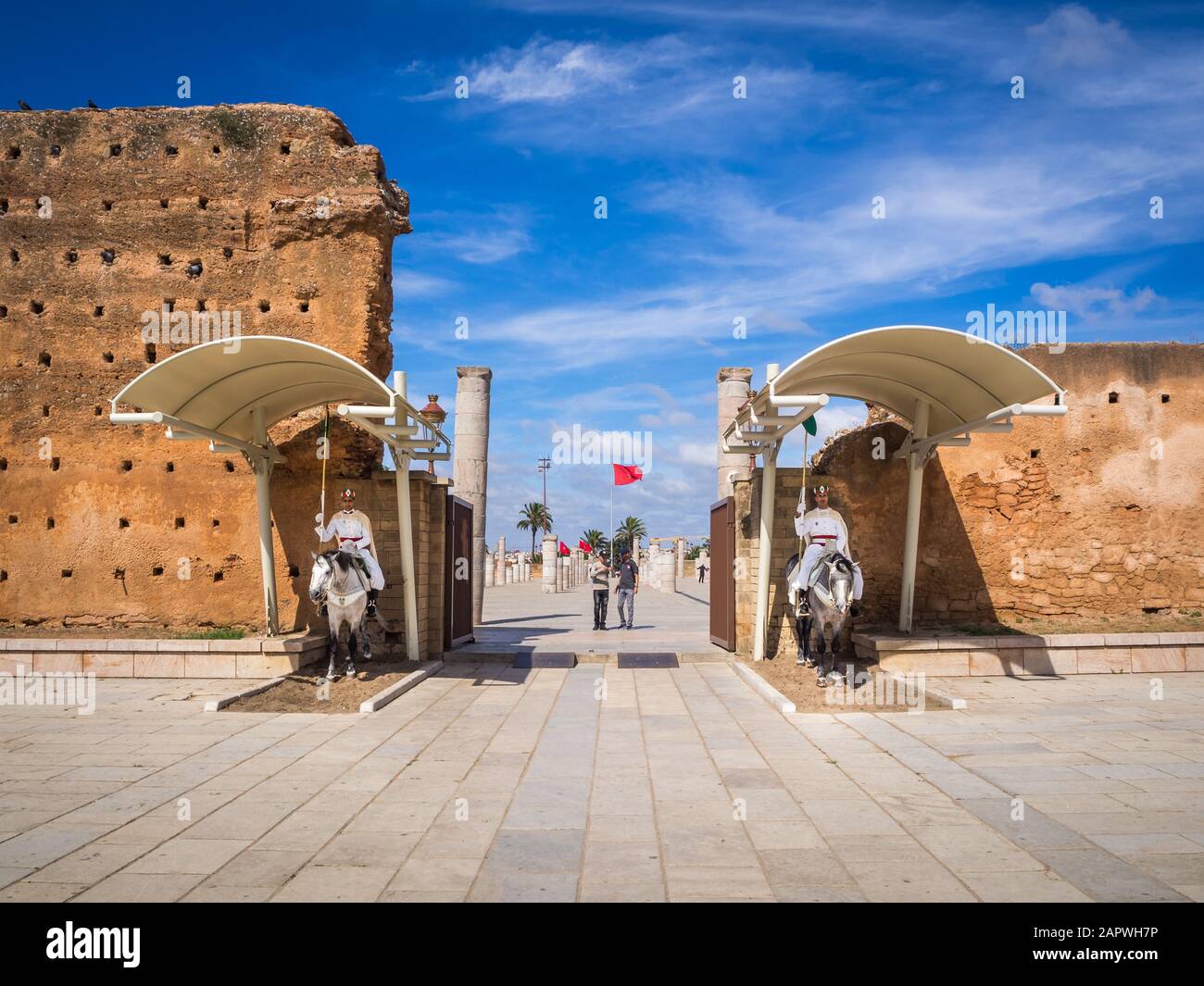 RABAT, MOROCCO - Jun 04, 2018: Royal guard in the entry of mausoleum ...