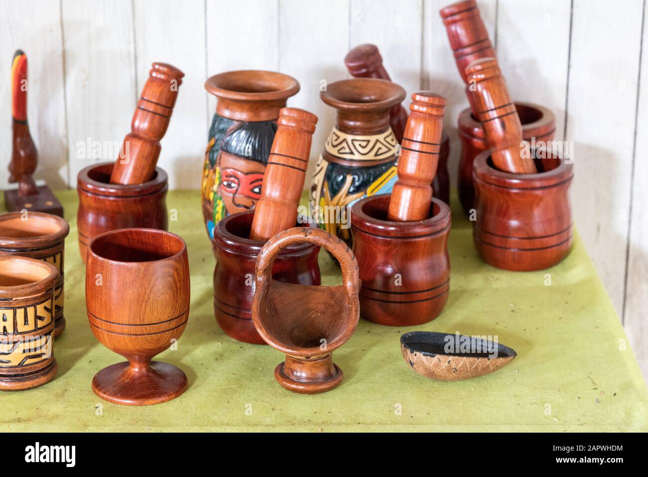 Typical wooden Amazon handcraft art on local store in Negro River ...