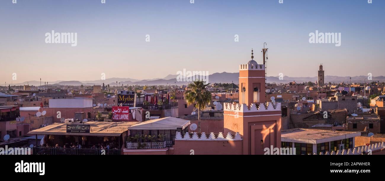 MARRAKECH, MOROCCO - Jun 03, 2018: Traditional rooftop cafe with a ...