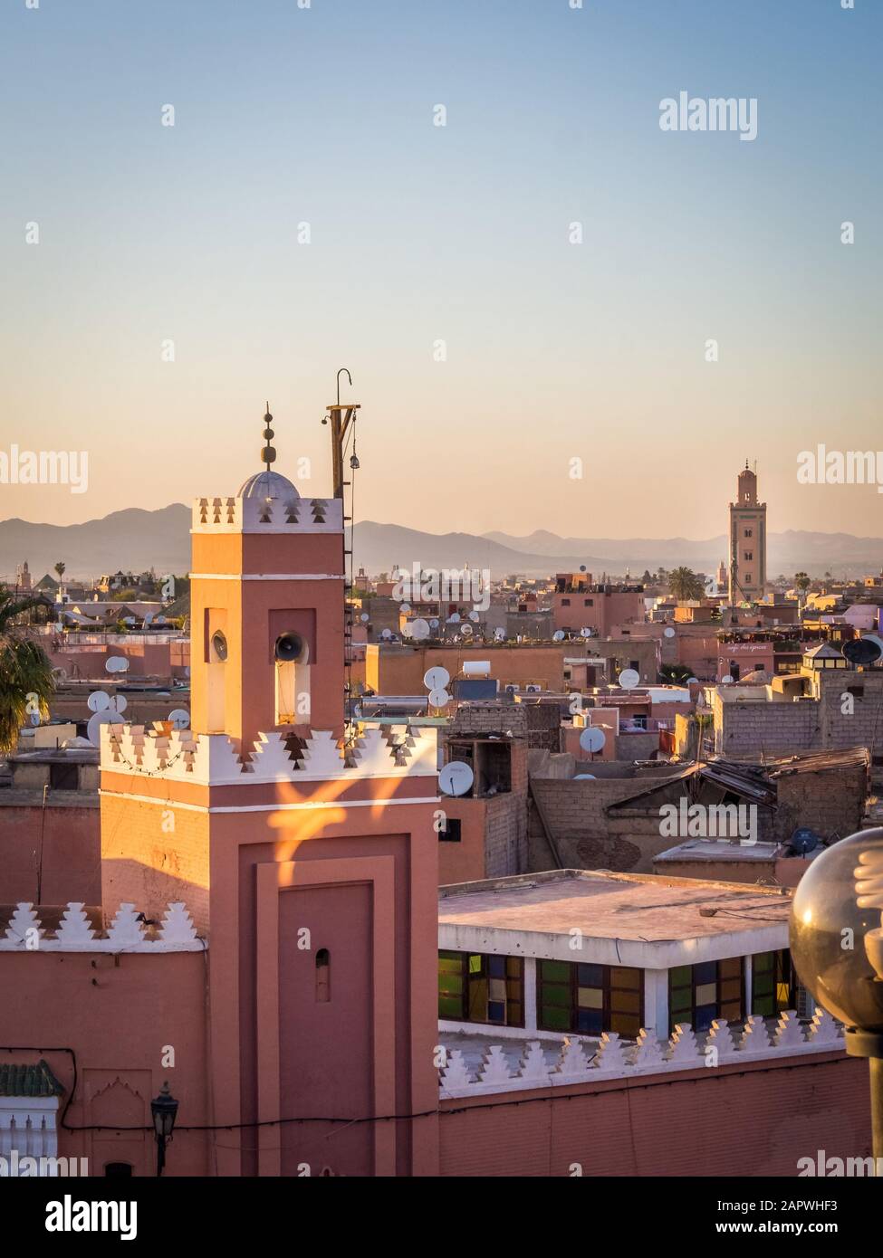 MARRAKECH, MOROCCO - Jun 03, 2018: Traditional rooftop cafe with a ...
