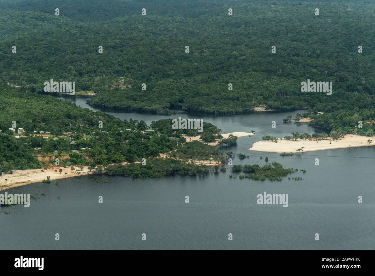 Beautiful aerial view to green flooded rainforest and river beaches in ...
