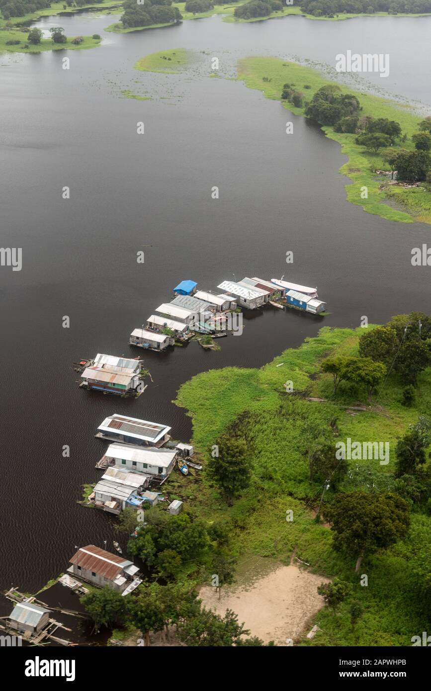 Beautiful aerial view to green flooded rainforest and floating river ...