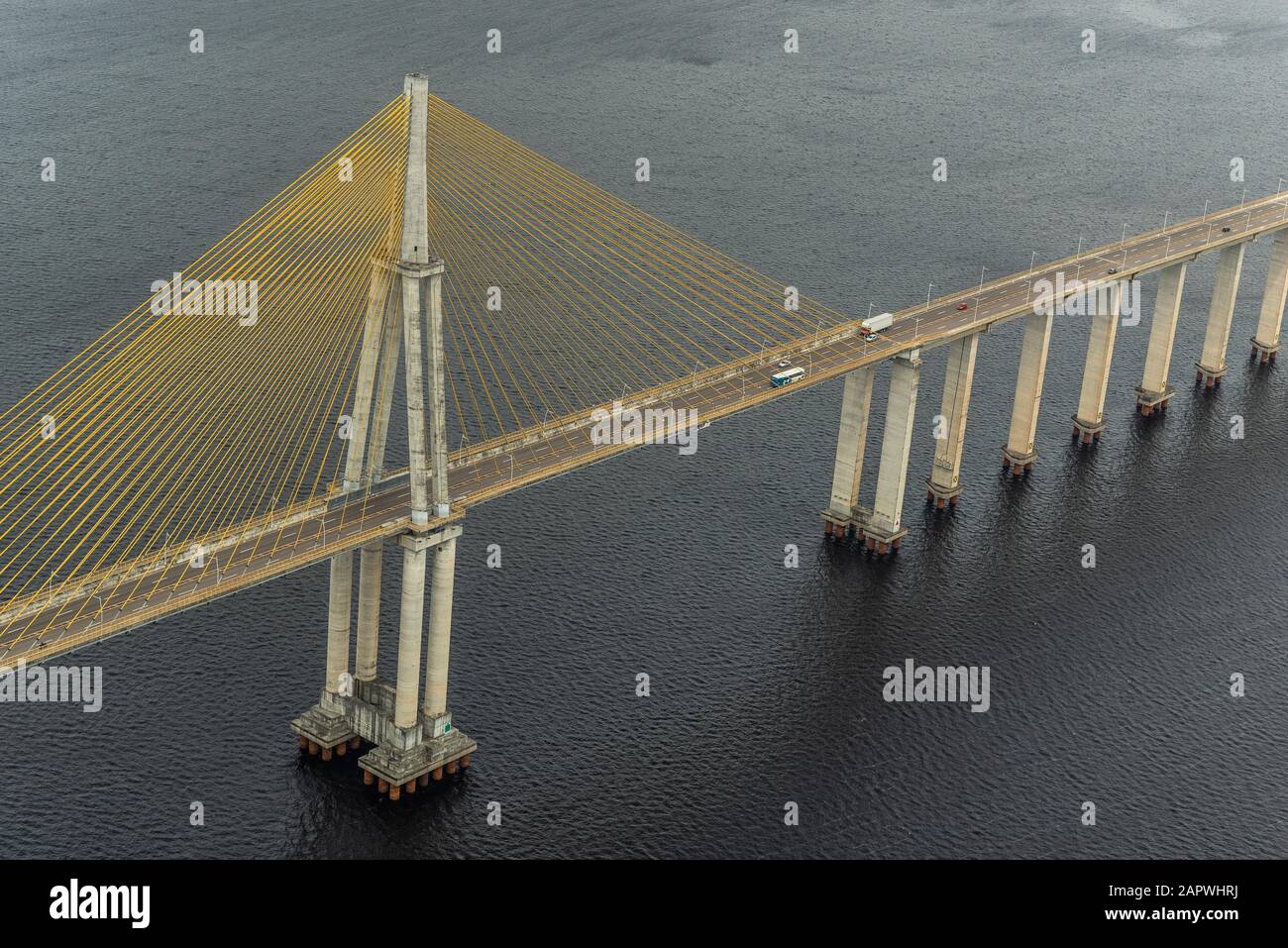 Beautiful aerial view to long new bridge in the city of Manaus ...