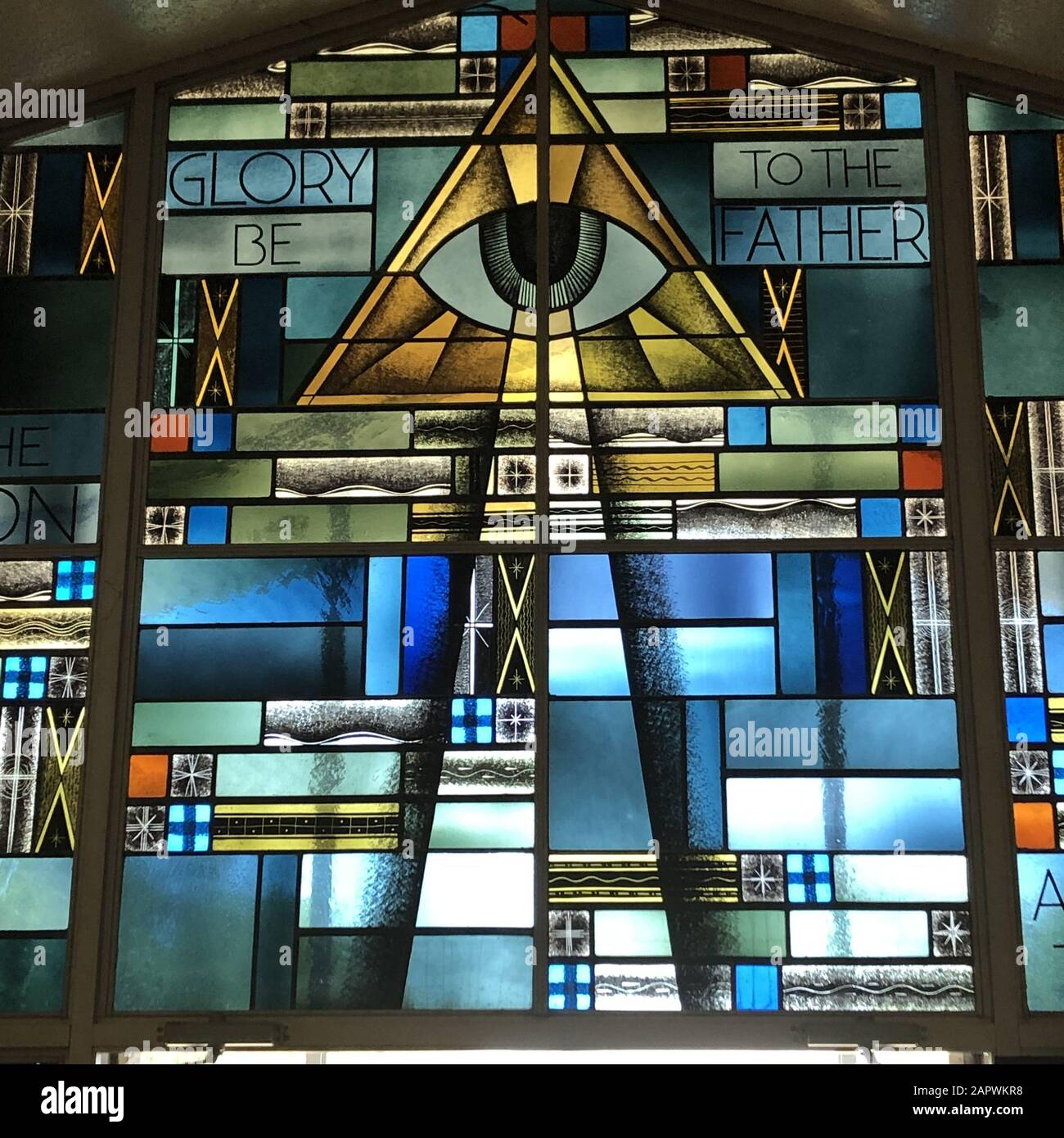 OCEAN SPRINGS, UNITED STATES - Sep 11, 2019: Symbolic stained glass ...