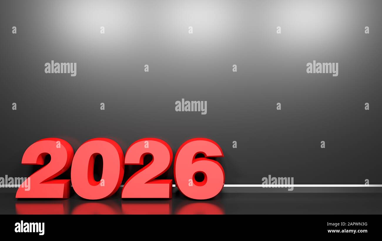 2026 red write at black glossy wall background - 3D rendering ...