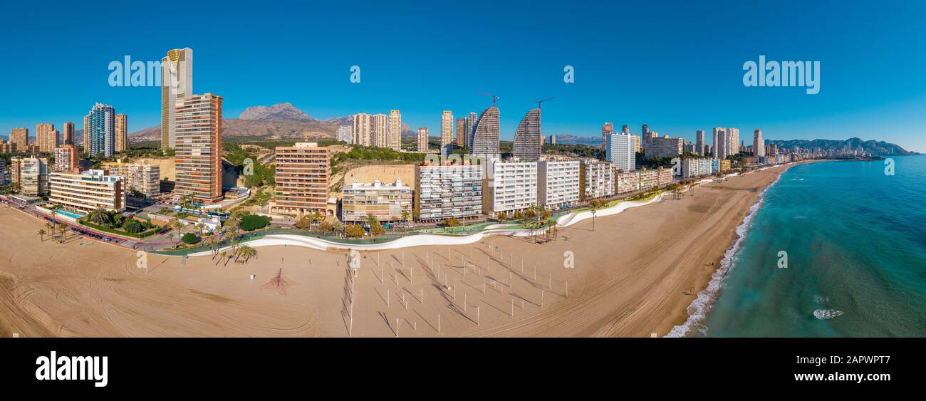 Aerial view of the popular Spanish Mediterranean beach resort town ...