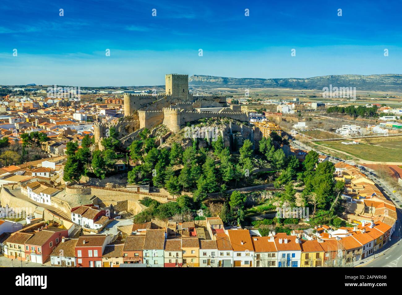 Aerial view of medieval Almansa castle with donjon and courtyard on a ...